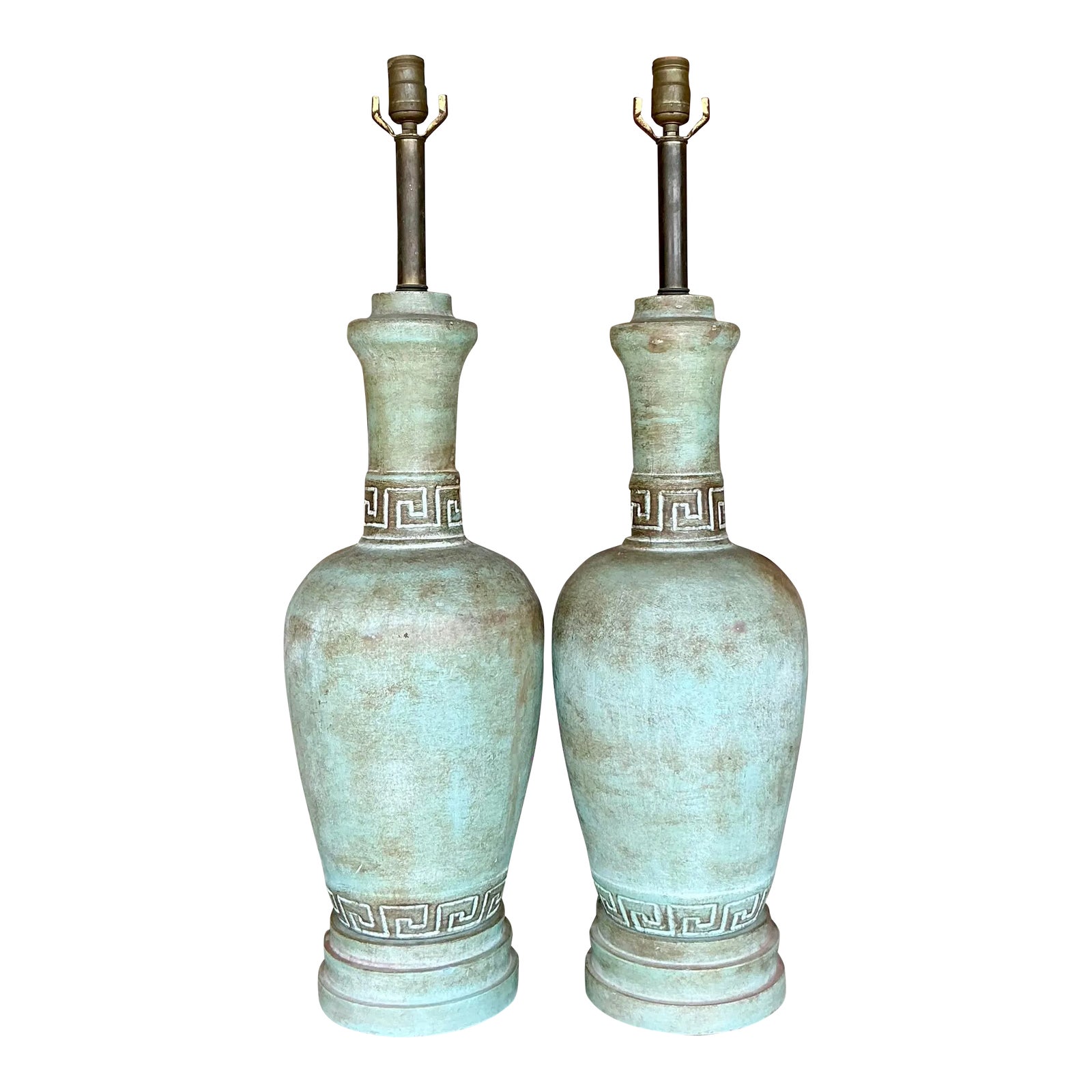 Vintage Boho Greek Key Matte Glazed Ceramic Lamps - a Pair | Chairish