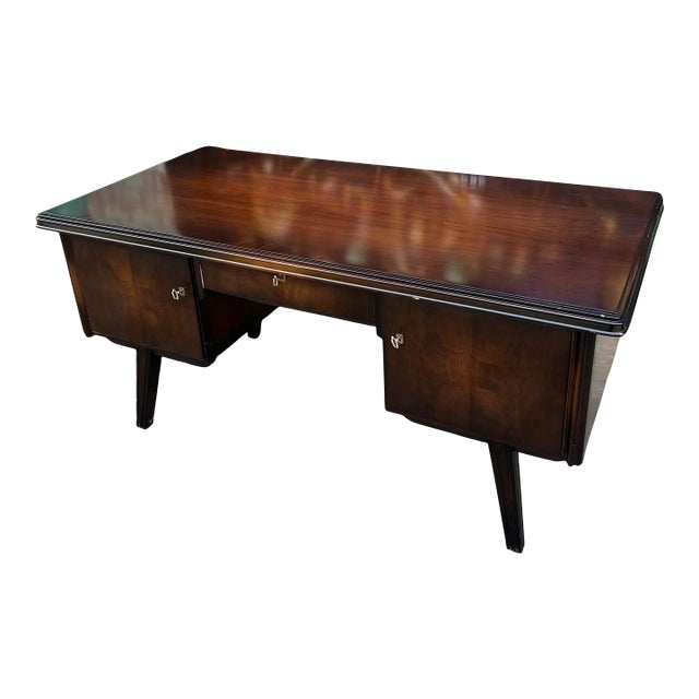 Mid Century German Desk With Bookcase Front Dark Gloss Wood | Chairish