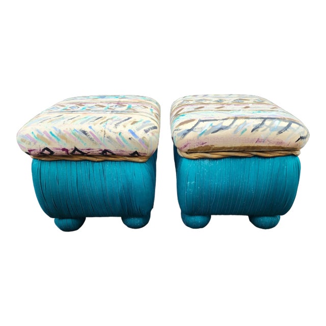 Vintage Memphis Postmodern Ottomans With Hand Painted Abstract Fabric ...