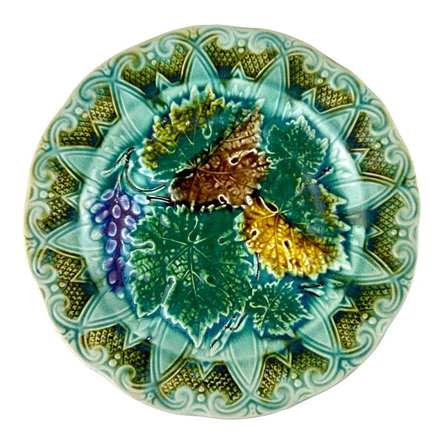 French Majolica Leaves & Grapes Plate Onnaing, Circa 1900 | Chairish