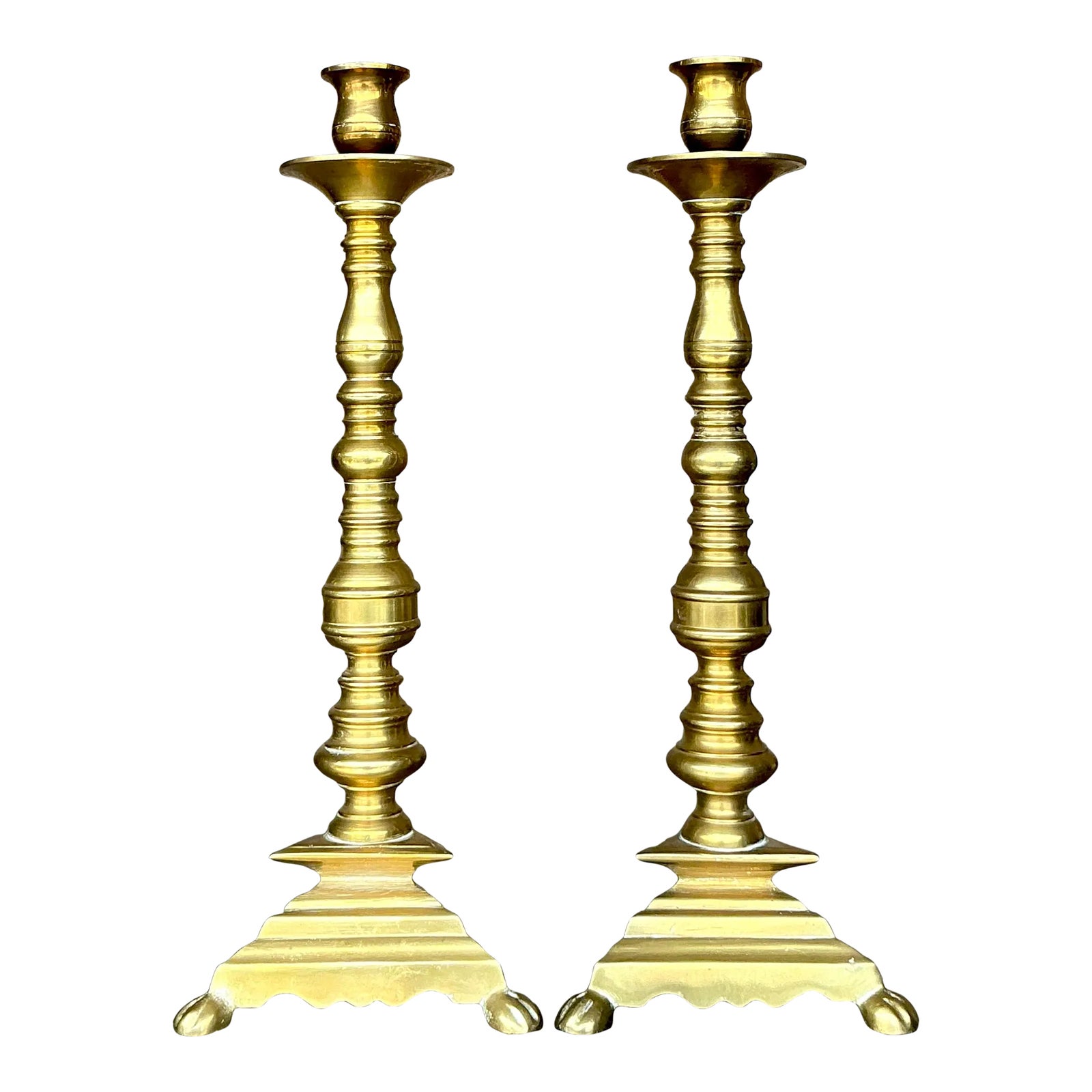 Vintage Boho Turned Brass Candlesticks - a Pair | Chairish