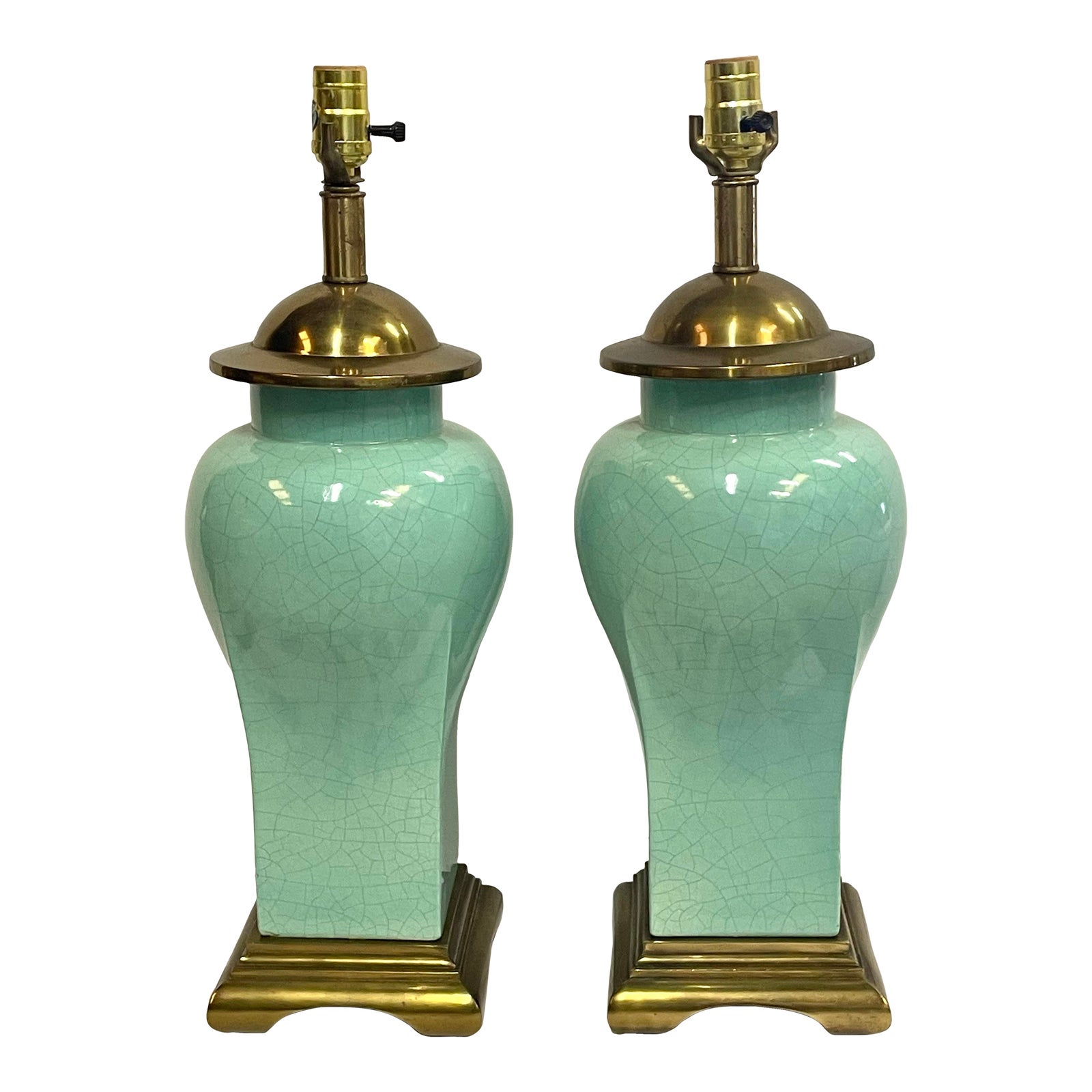 Pair of Mid Century Modern Asian Style Celadon Glaze Lamps | Chairish