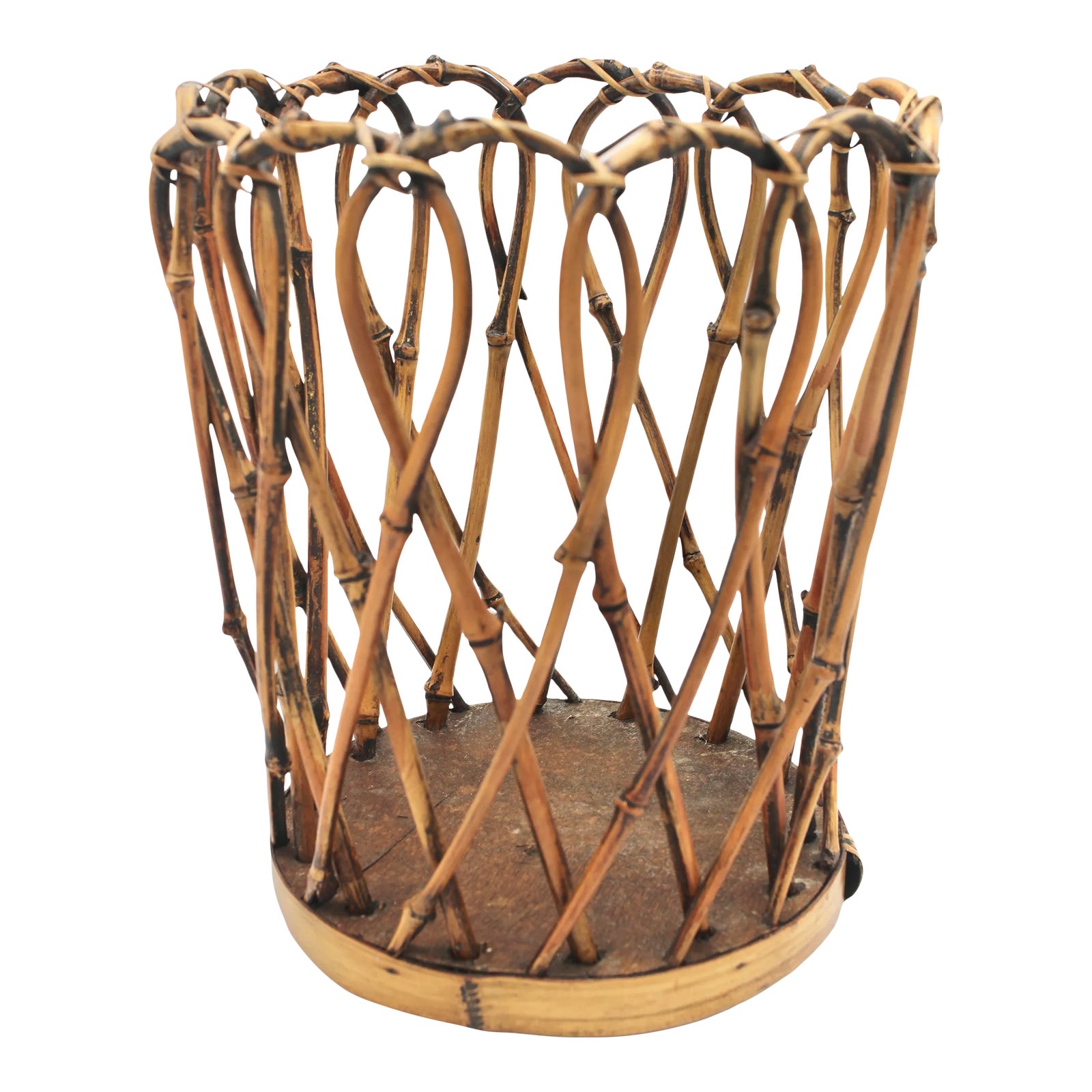Vintage Boho Chic Bamboo Wastebasket / Planter | Chairish
