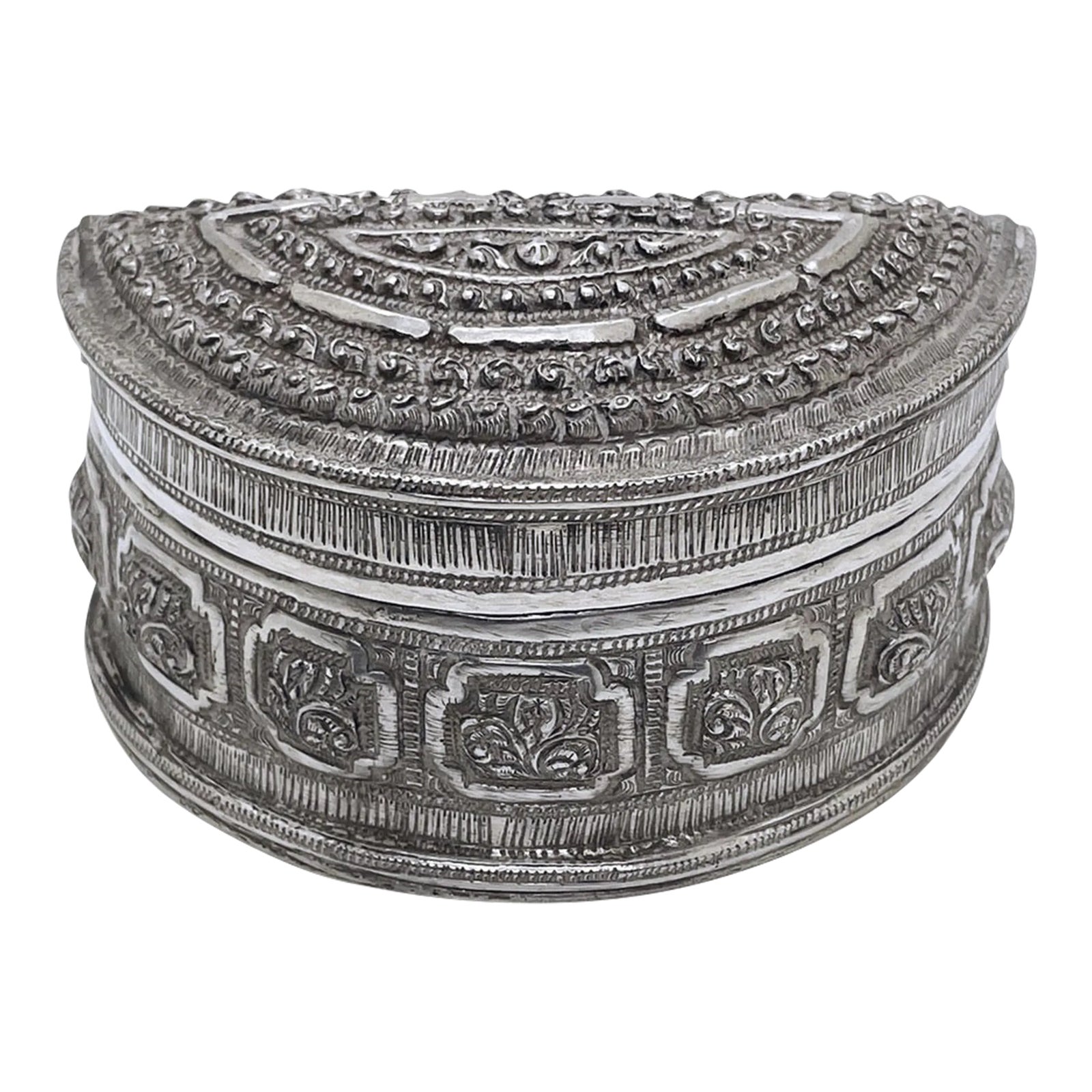 Late 19th Century Antique Silver Half Moon Burmese Shan Lime Box | Chairish