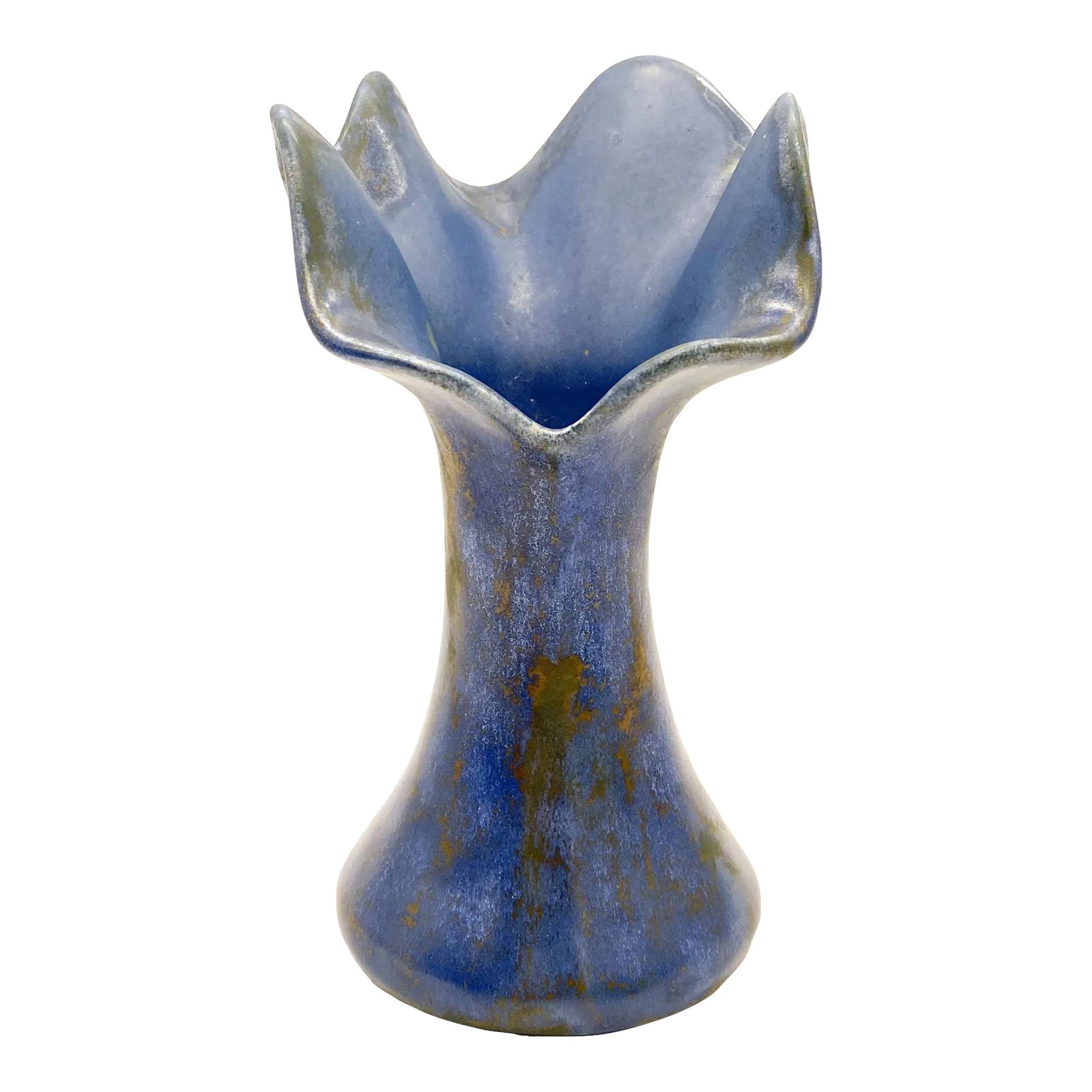 Vintage Blue and Silver Ruffle Ceramic Vase | Chairish