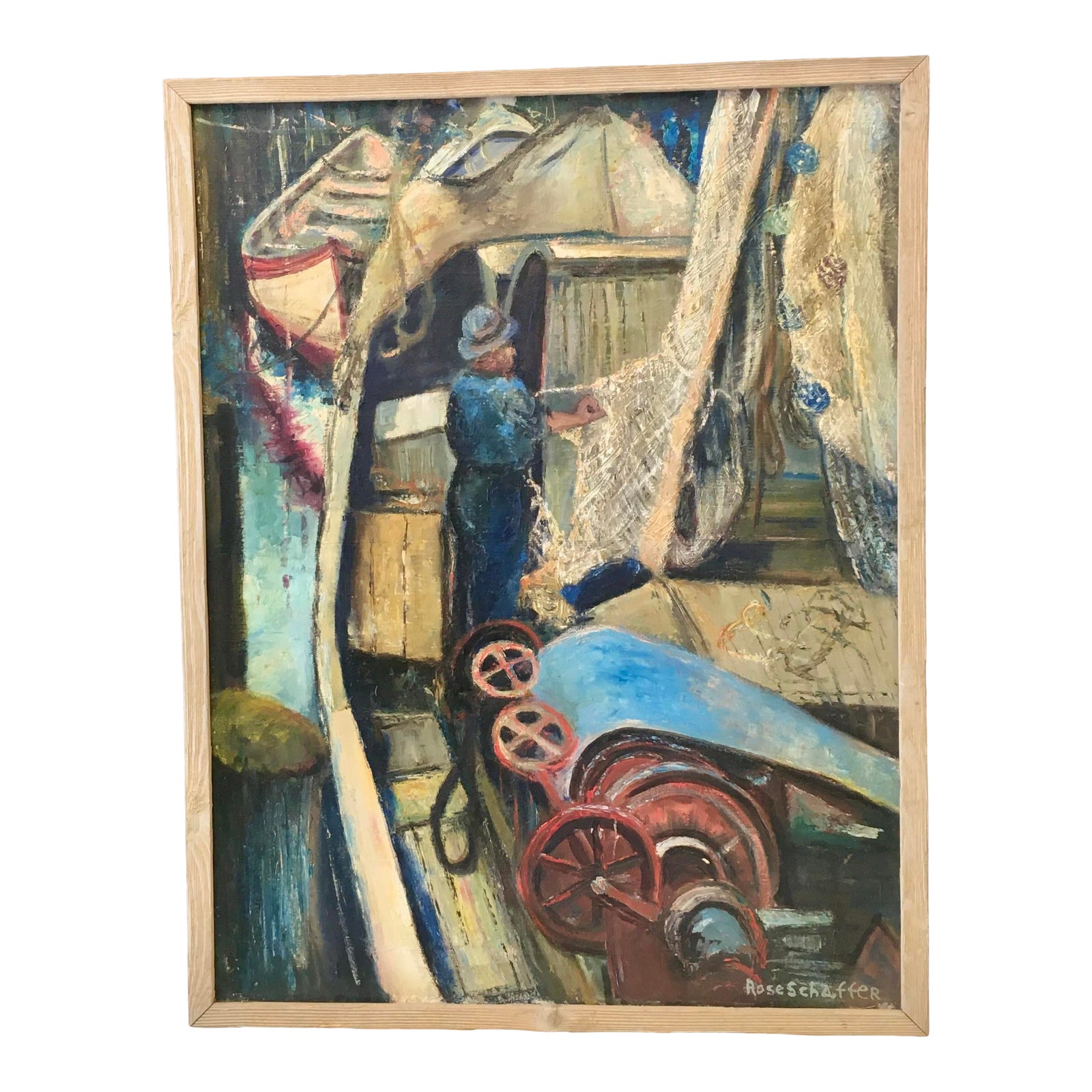 Vintage Mid Century Original Oil Painting “Mending Nets” by Rose ...