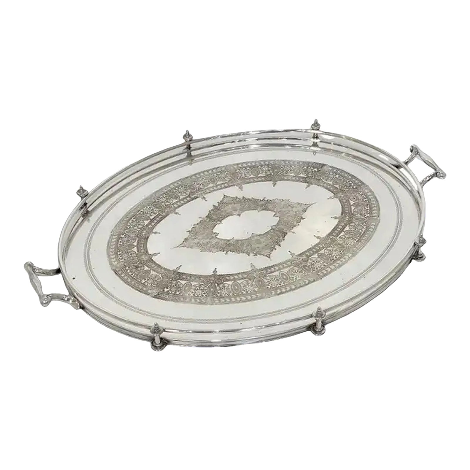 Large Early 20th Century English Silver Oval Serving or Drinks Tray by ...