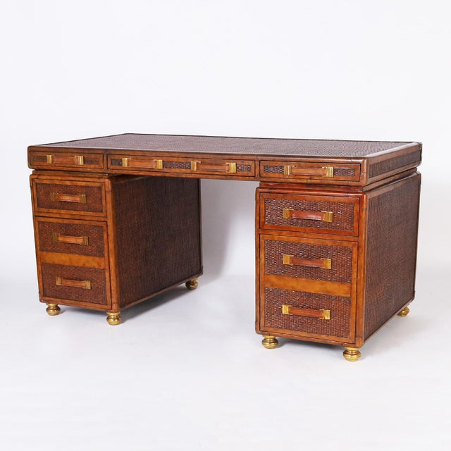 British Colonial Style Grasscloth and Mahogany Desk | Chairish