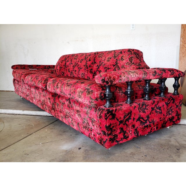 Mid-Century Modern Spanish Revival Red Velvet Sofa | Chairish