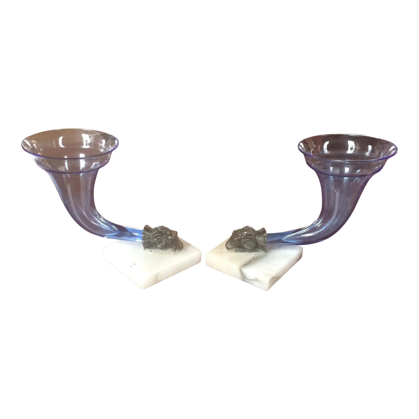 19th Century Vintage English Blue Glass Cornucopia Vases - a Pair ...