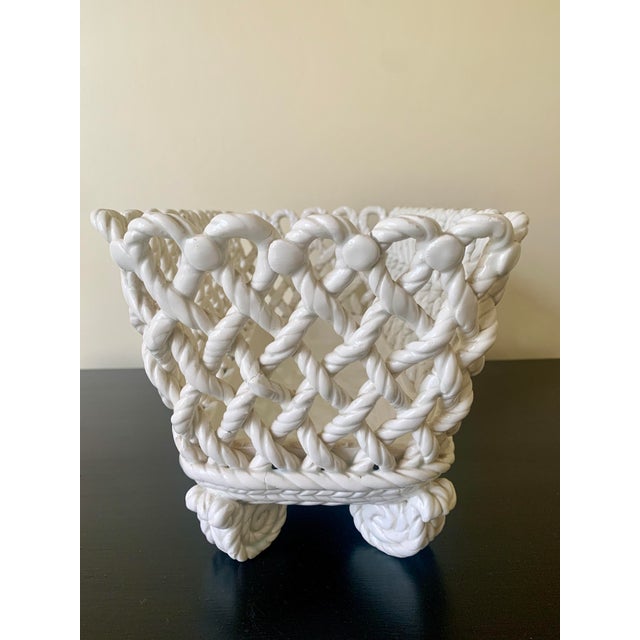French Country White Ceramic Woven Rope Cachepot Basket | Chairish