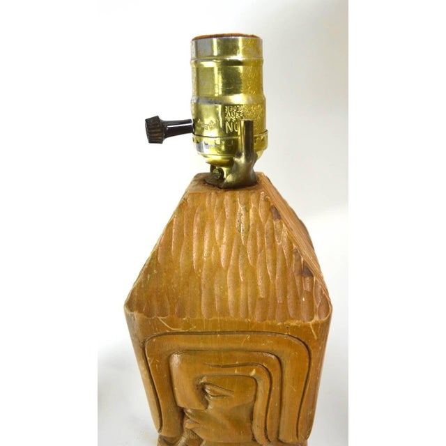Aztec Motif Carved Wood Tiki Lamps - a Pair | Chairish
