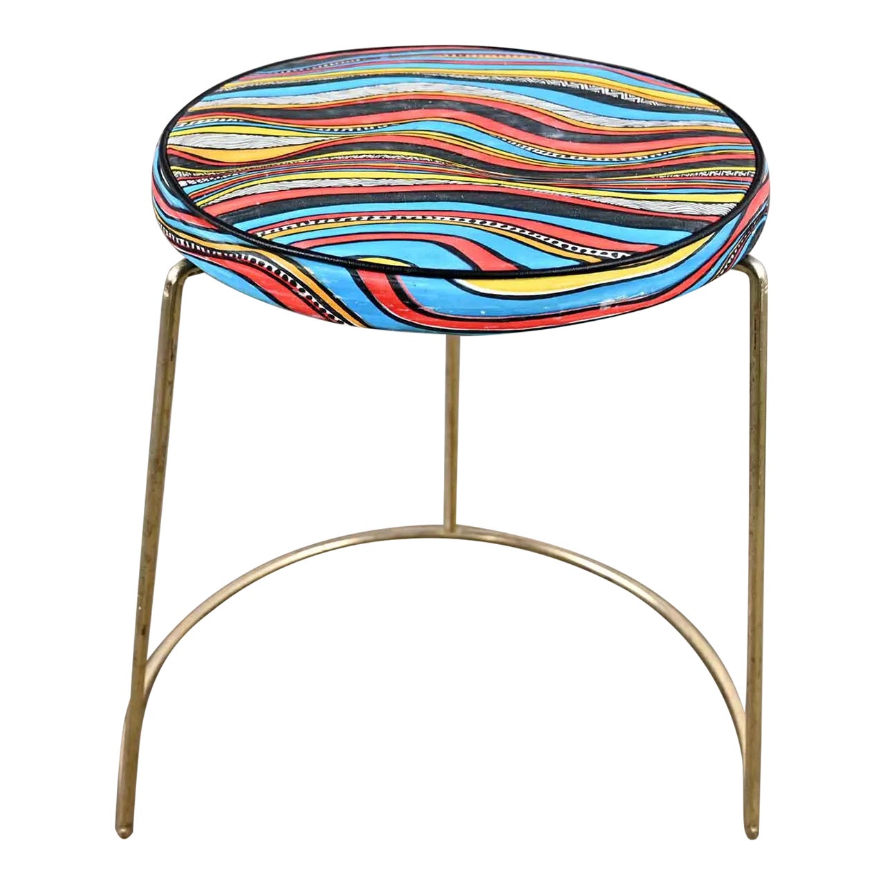Vintage MCM Stool With Round Colorful Vinyl Seat & Brass Plated Steel ...