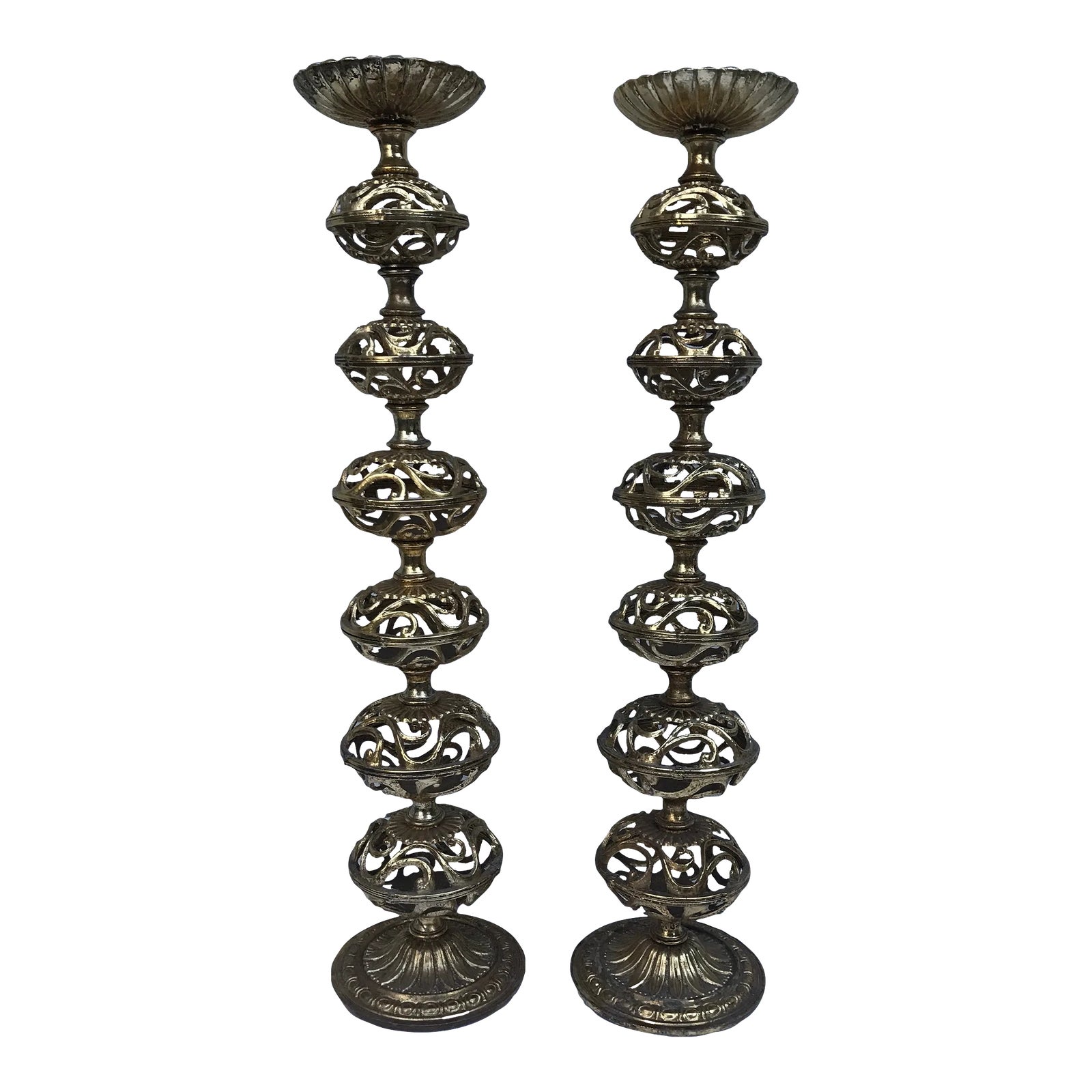 Late 20th Century Large Gilded Gold Painted Metal Candle Sticks - Set ...