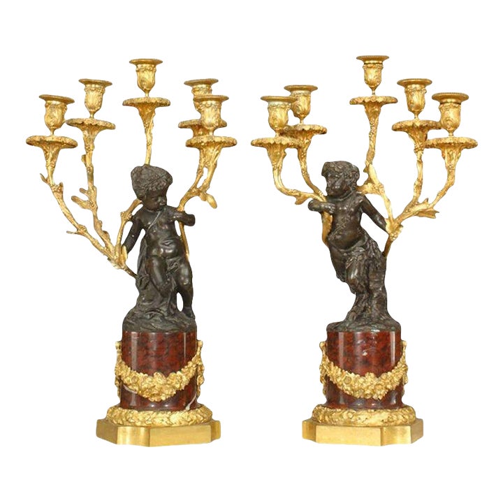 French Louis XV Style Bronze with Cupid 5 Arm Candelabras on Marble ...