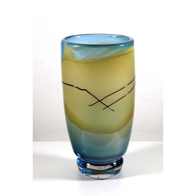 1986 Jack Schmidt Postmodern Studio Yellow & Blue Hand Blown Glass Vase ...