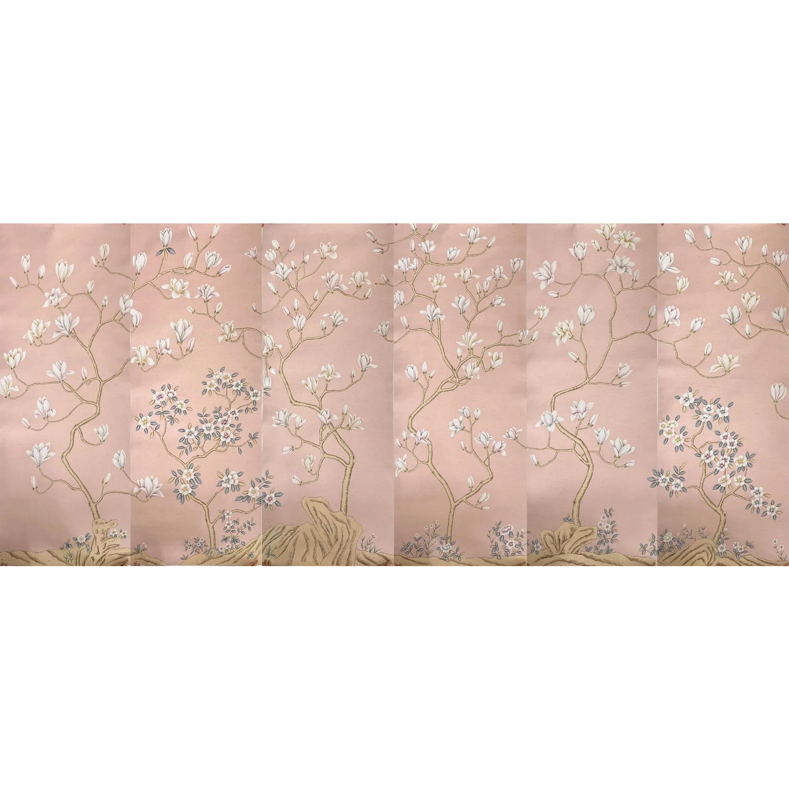 Magnolia Hand Painted Wallpapers on Faux Pink Slub Silk Panel - 6 ...
