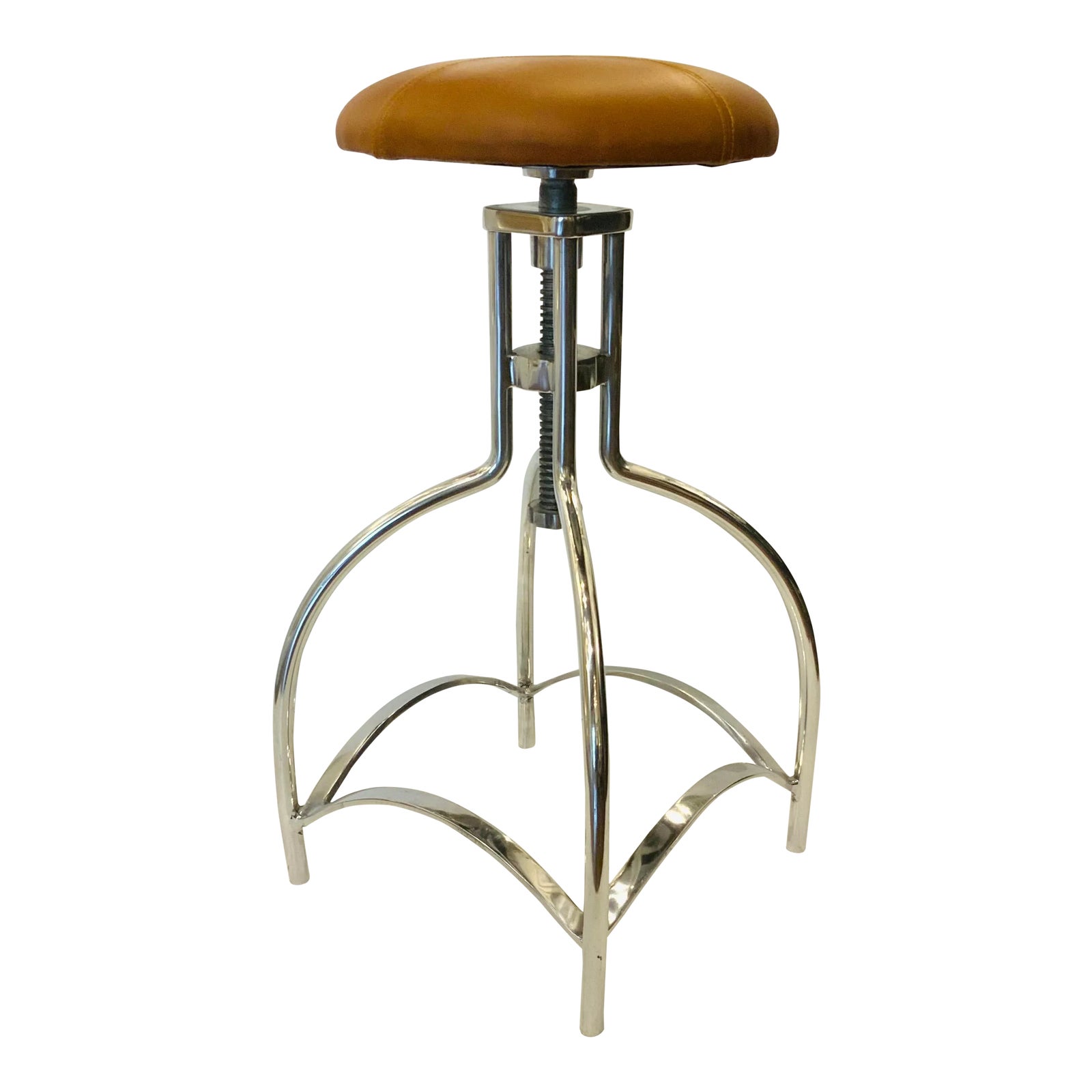 Modern Cognac Leather and Aluminum Adjustable Speakeasy Stool | Chairish