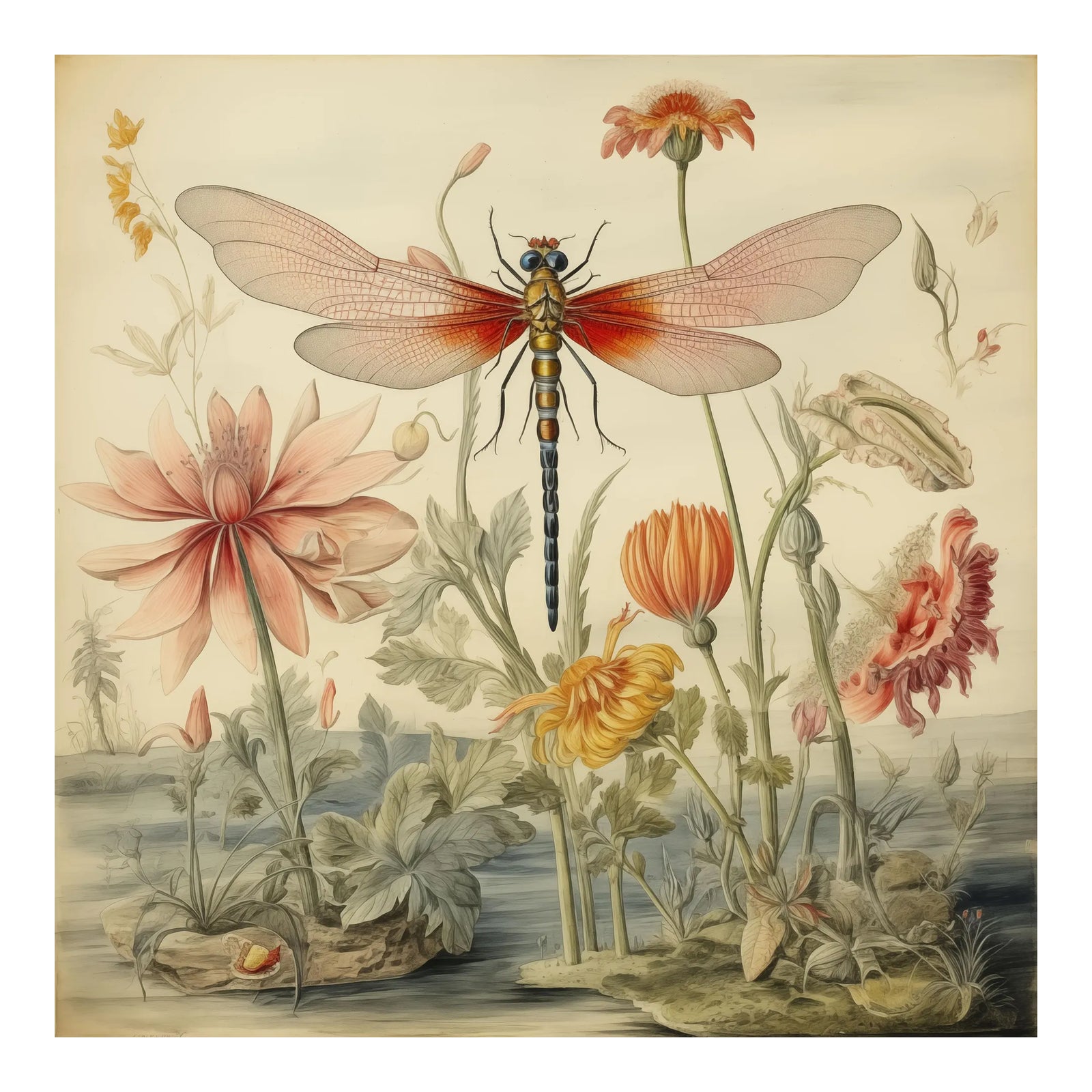 20' X 20' 'Dragonfly and Flowers' # 3 - Original Watercolor Botanical ...