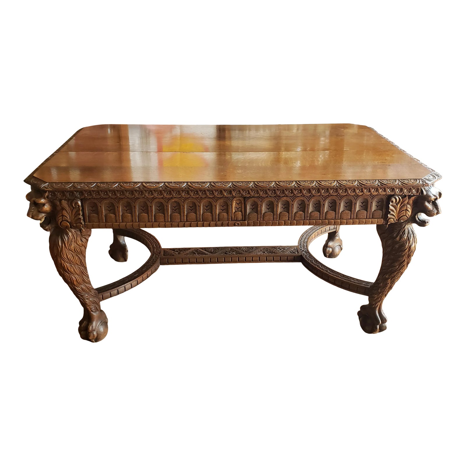 19th Century Lion's Head & Claw Foot Oak Library Desk / Table | Chairish