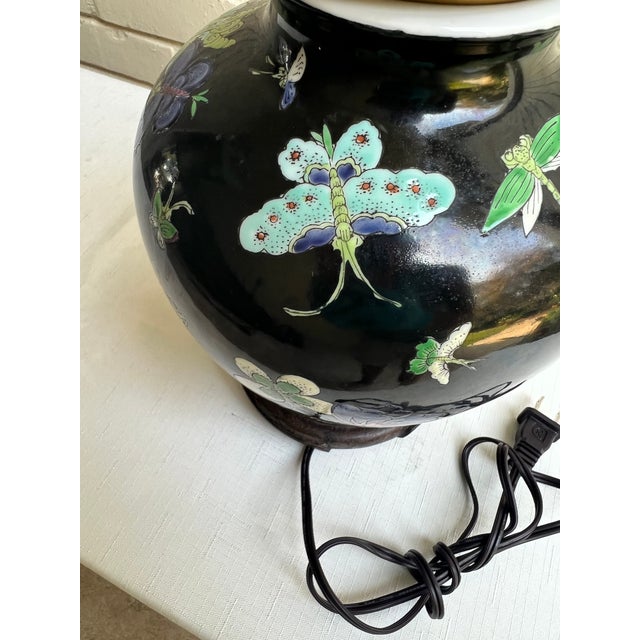 Vintage Mid Century Chinoiserie Black Porcelain Table Lamp With ...