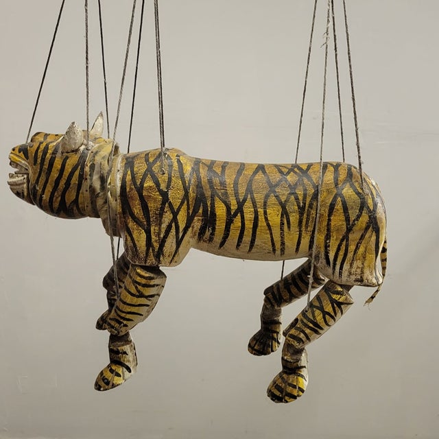 Antique Burmese Asian Wood Tiger Marionette Puppet | Chairish