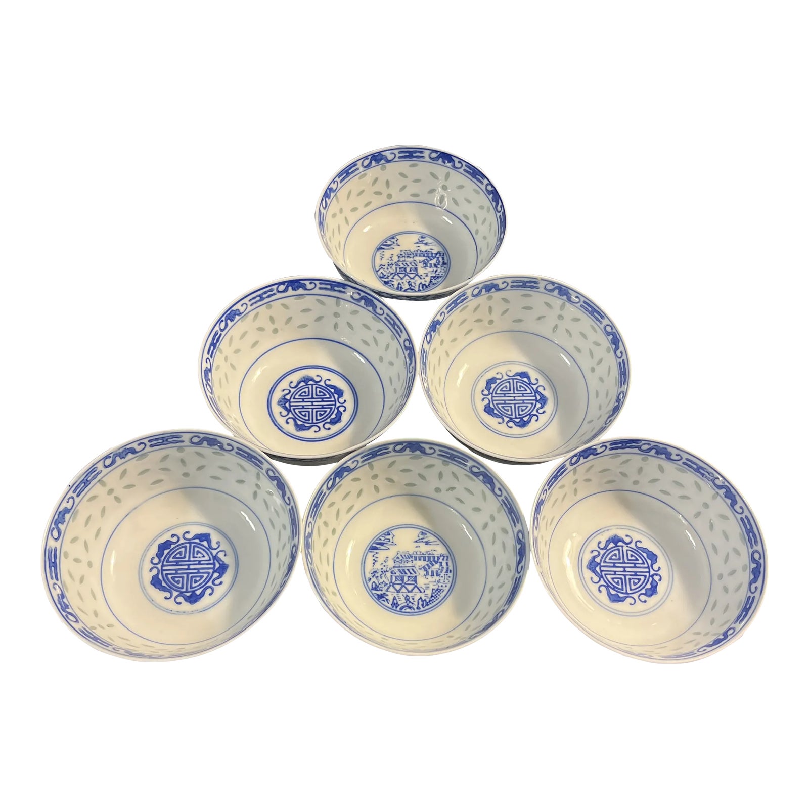 Vintage Chinese Porcelain Translucent Rice-Pattern Ware Bowls- Set of 6 ...