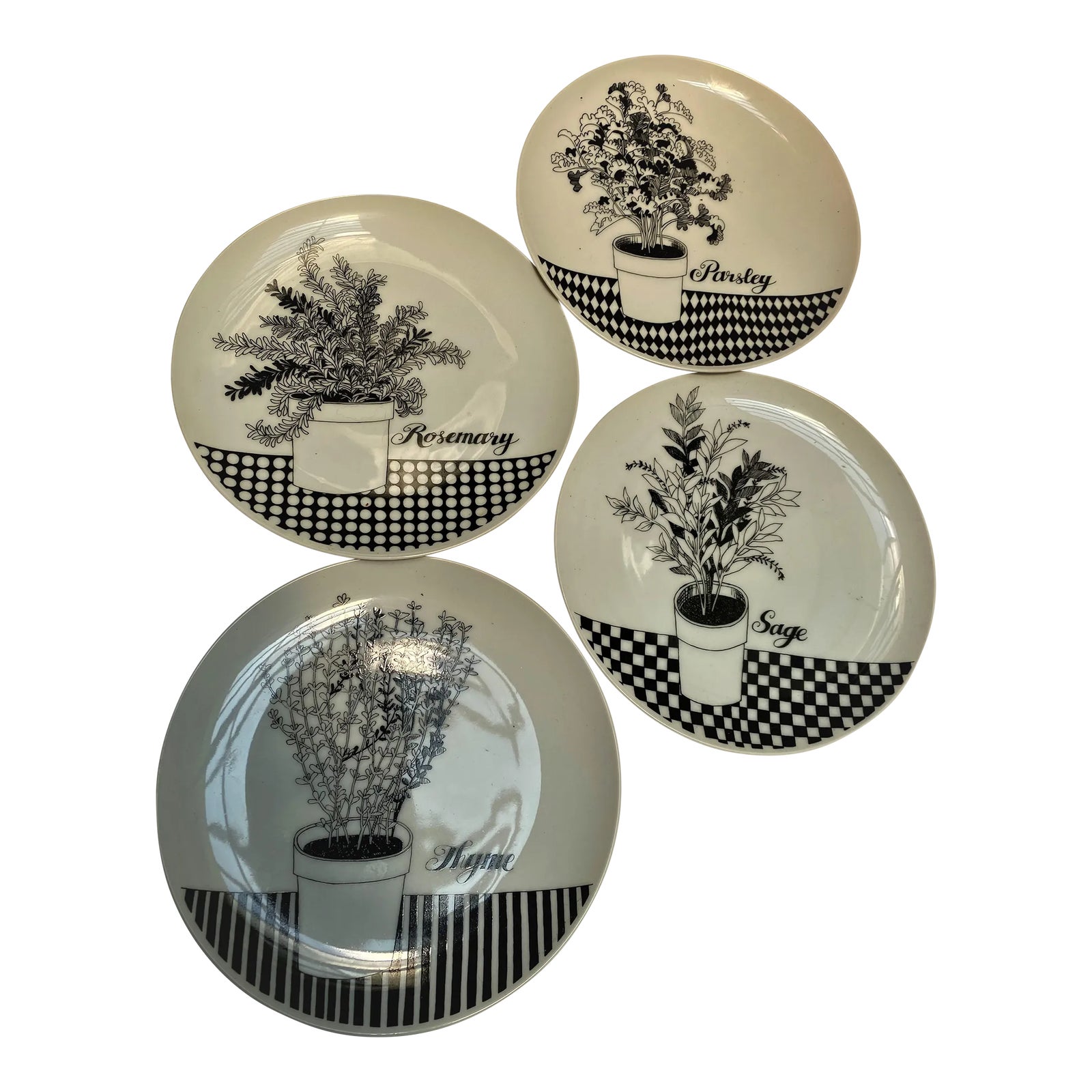 Vintage Fritz & Floyd Black & White Herb Plates- Set of 4 | Chairish