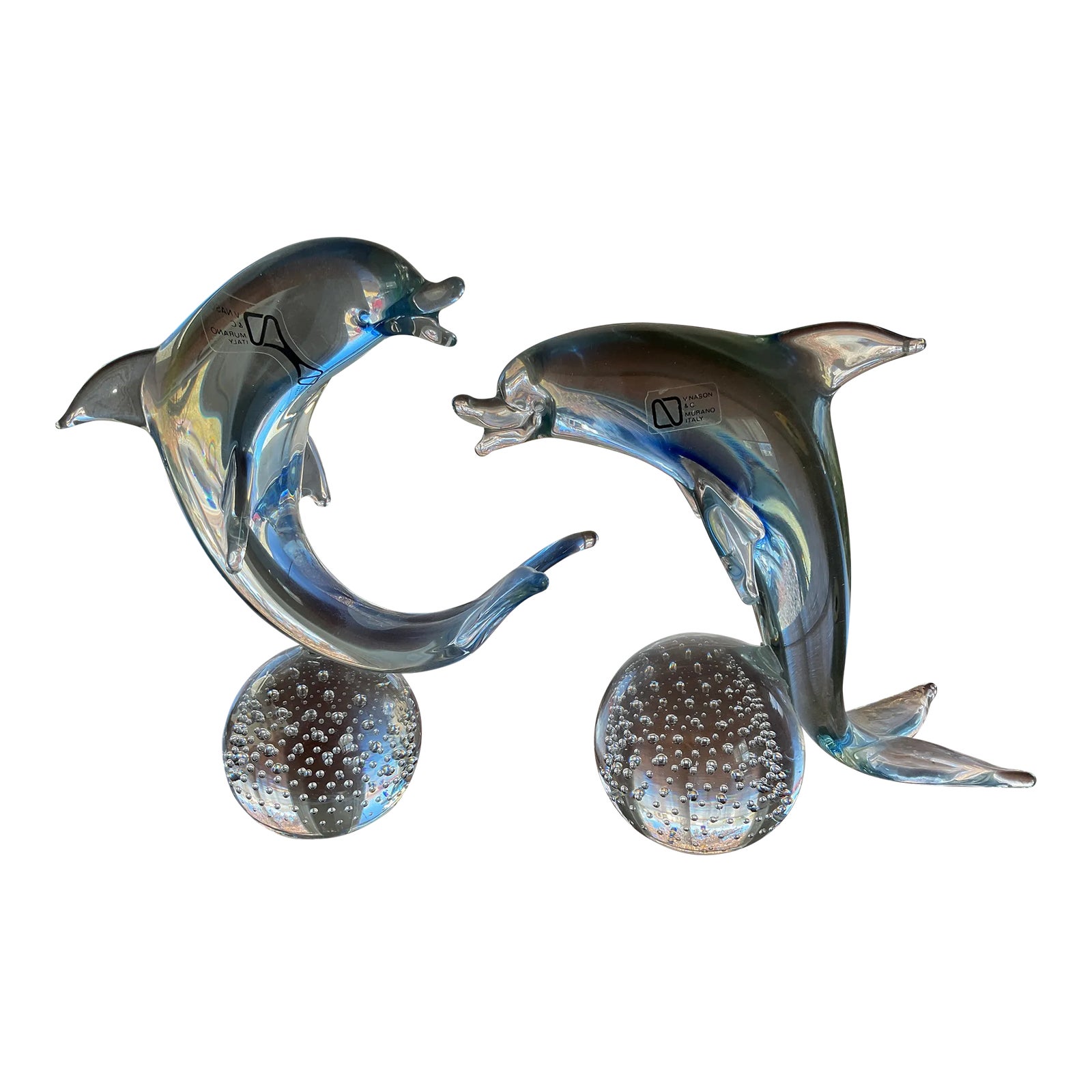 Set of 2 V. Nason and Company Murano Glass Dolphins on Bullicante Balls ...