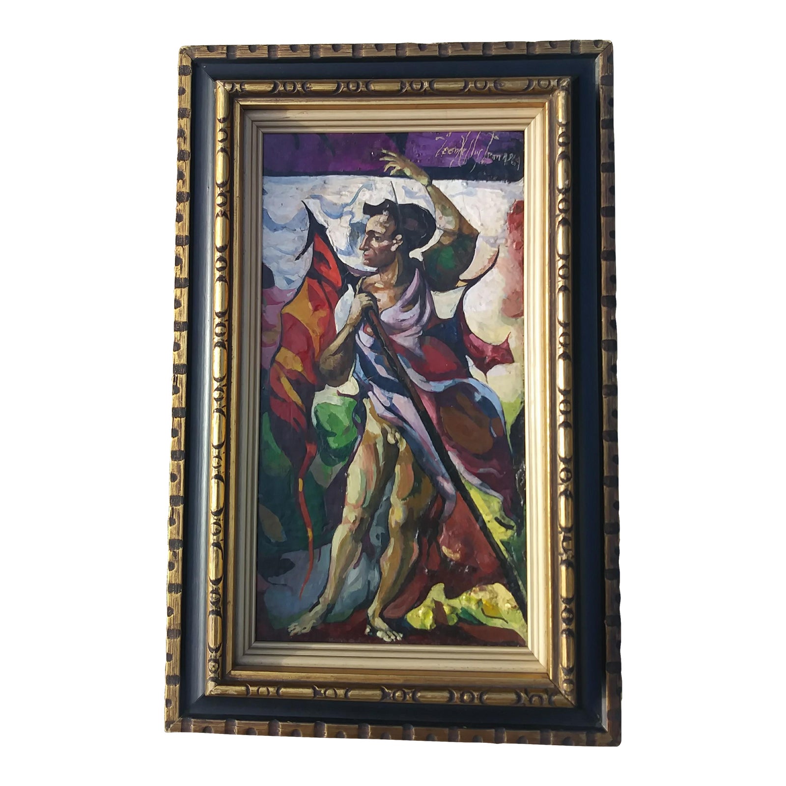 1960s "Man With a Flag" Leon Kelly Oil Painting on Masonite | Chairish