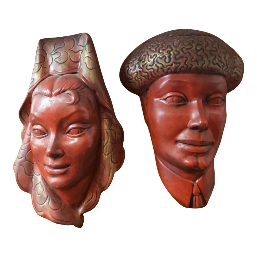 Pair of 1970's Spanish Man & Woman Ceramic Masks by Johnny Sens, New ...