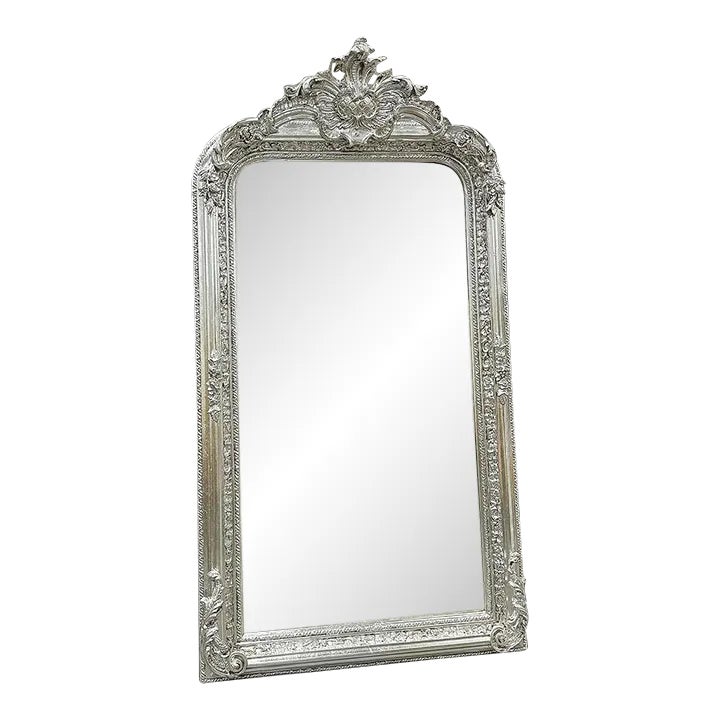French Style Silver Mirror With Silver Leaf Details | Chairish