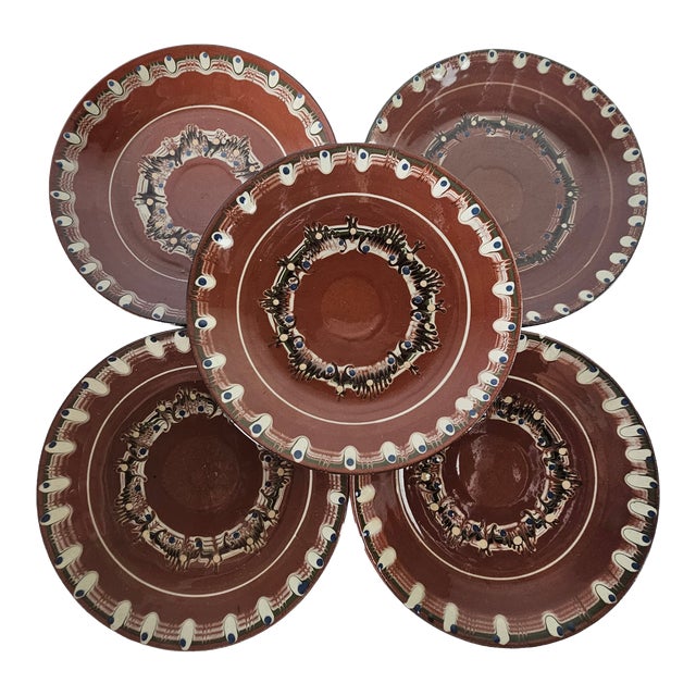 Hand Painted Bulgarian Troyan Red Feather Lunch Plates Set of 5 | Chairish