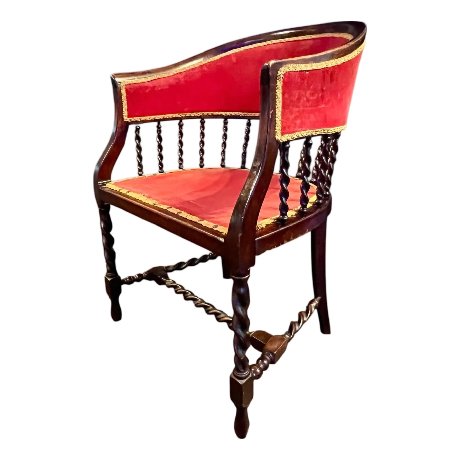 Antique 19th Century Barrel Back Banker Chair-Red Velvet-Barley Twist ...
