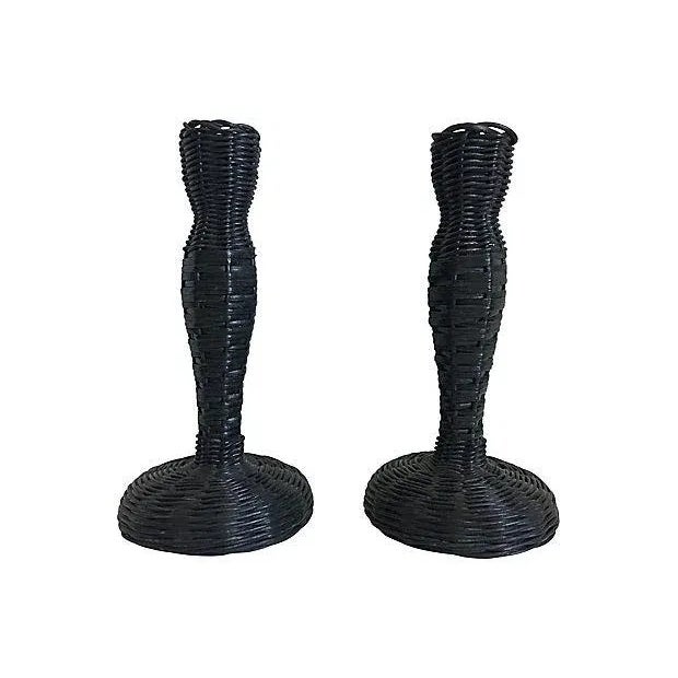 Mid-Century Black Wicker Candlesticks - a Pair | Chairish