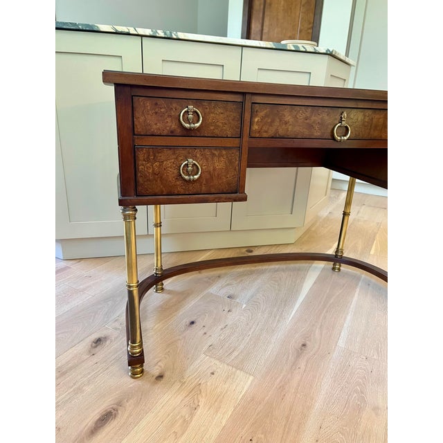 Burled Walnut, Brass and Leather Top Demilune Desk by Sligh | Chairish