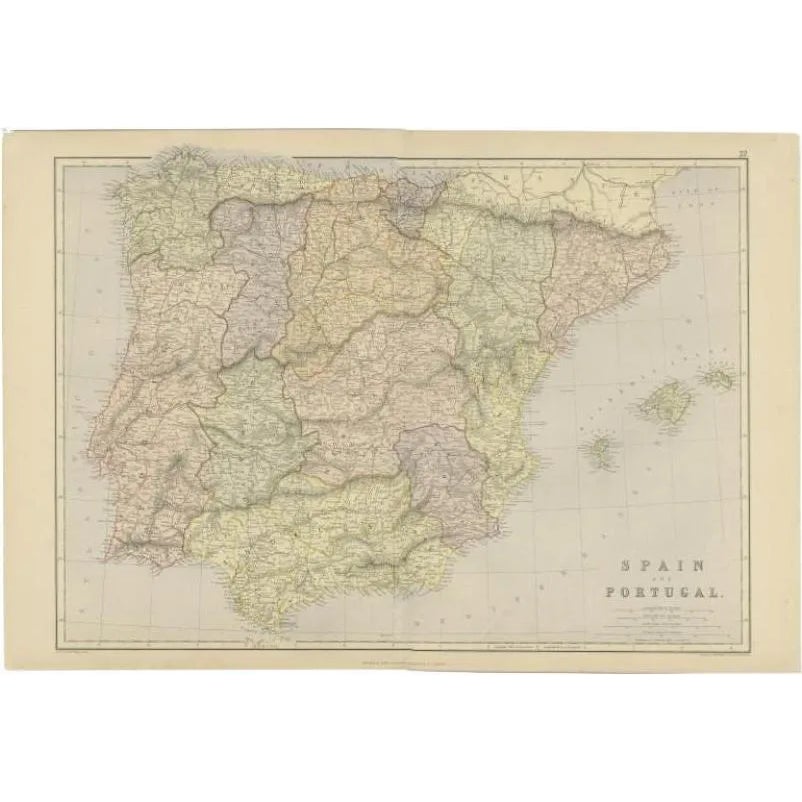 Antique Map of Spain and Portugal by Weller, 1890 | Chairish