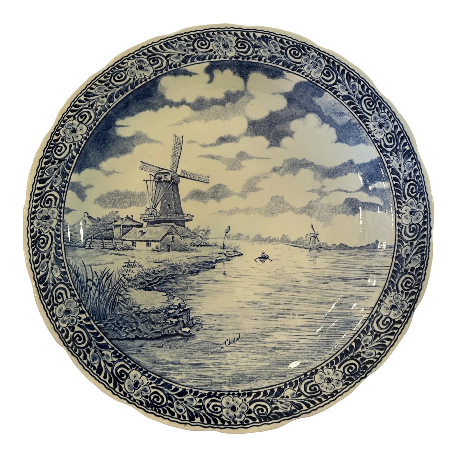 Vintage Large Delft Boch Blue and White Plate With Sea and Windmill ...