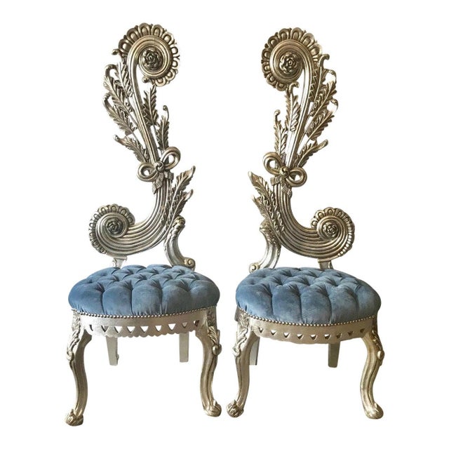 Italian Rococo Side Chairs in Silver Beech With Blue Velvet - a Pair ...