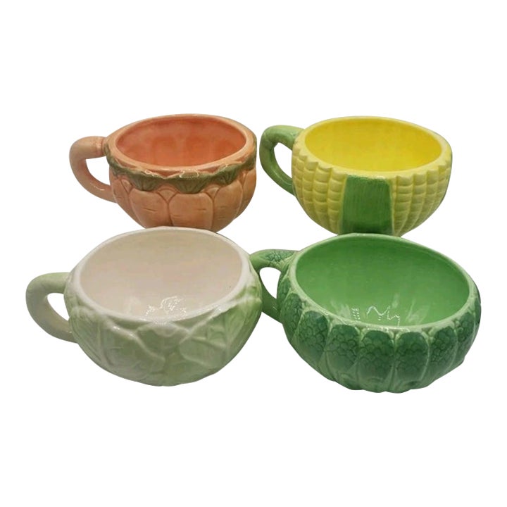 Vintage Majolica Style Ceramic Vegetable Soup Mugs -Set of 4 | Chairish