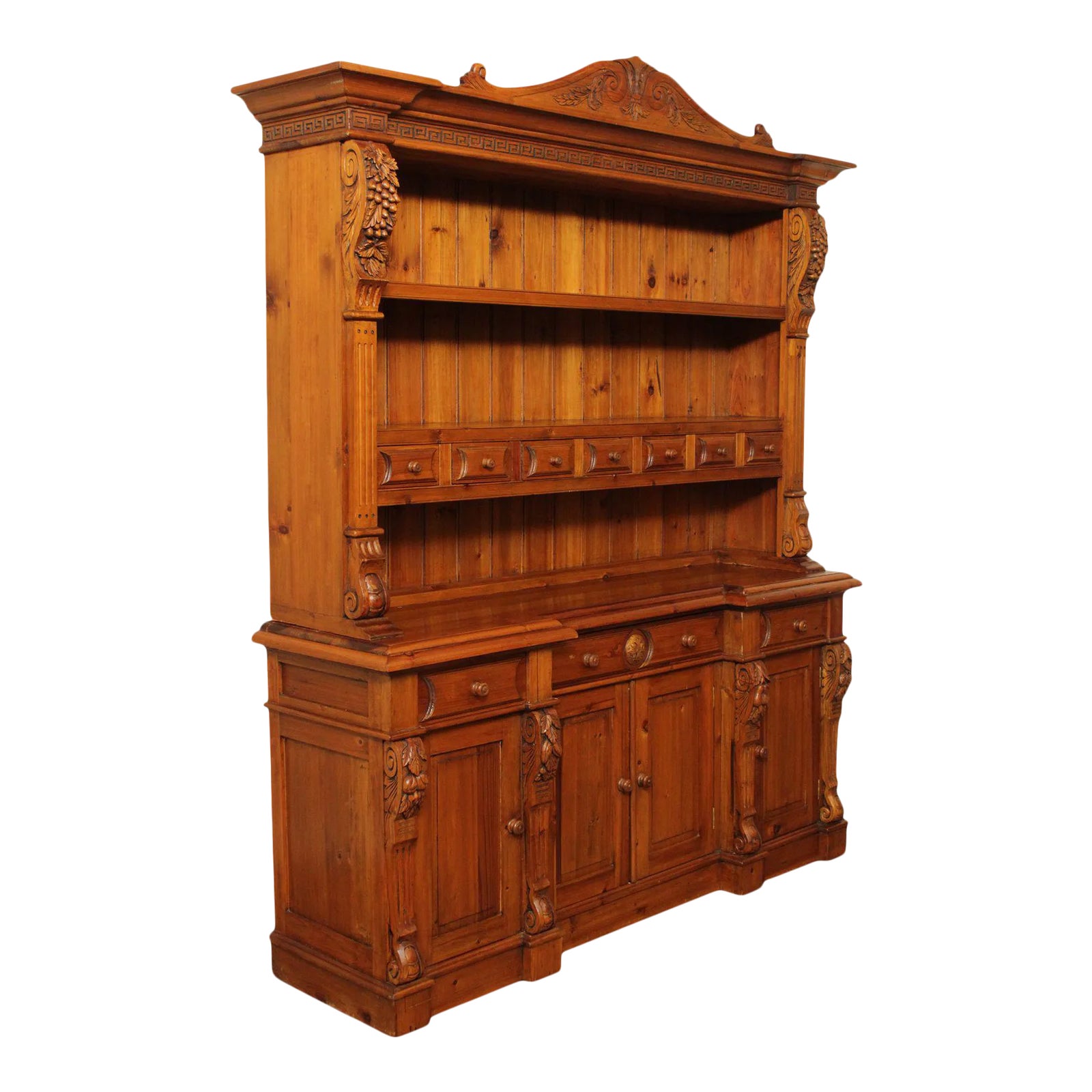 Large Custom Carved Pine Step Back Hutch | Chairish