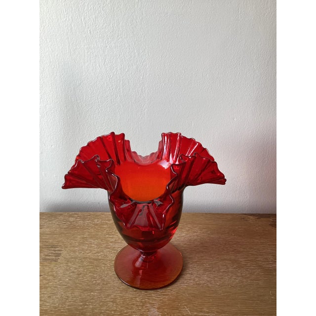 Mid Century Modern Blenko Attributed Red Crimp Top Vase | Chairish
