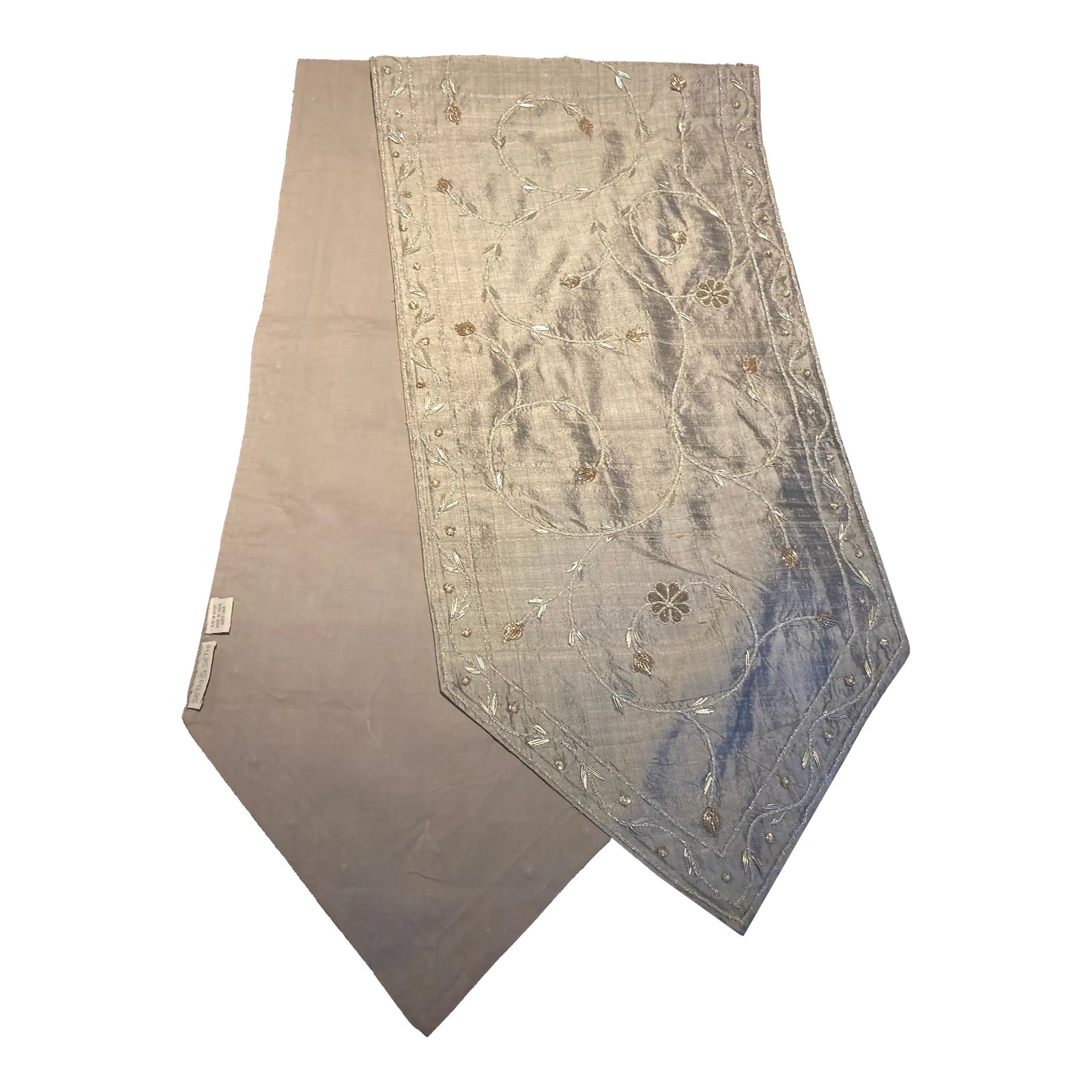 Sethi & Sethi Asian Zardozi Floral Vine Metallic Embroidered Silver Silk Dupioni Table Runner ...