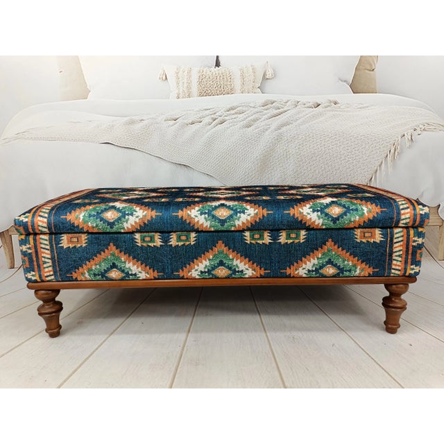 Diamond Pattern Printed Rug Upholstered Navy Storage Ottoman Bench ...