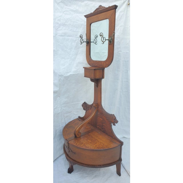 Victorian 1890s Lion Carved Double Hall Seat / Hall Tree With Hooks ...