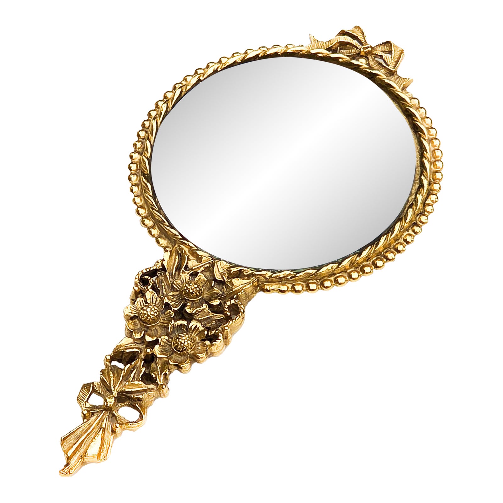 1920s Antique French Miniature Gilt Hand Pocket Mirror With Ribbon Bow ...