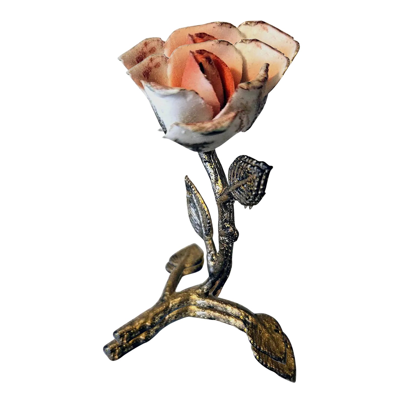 Vintage Porcelain Rose Flower With Metal Leafy Stem | Chairish