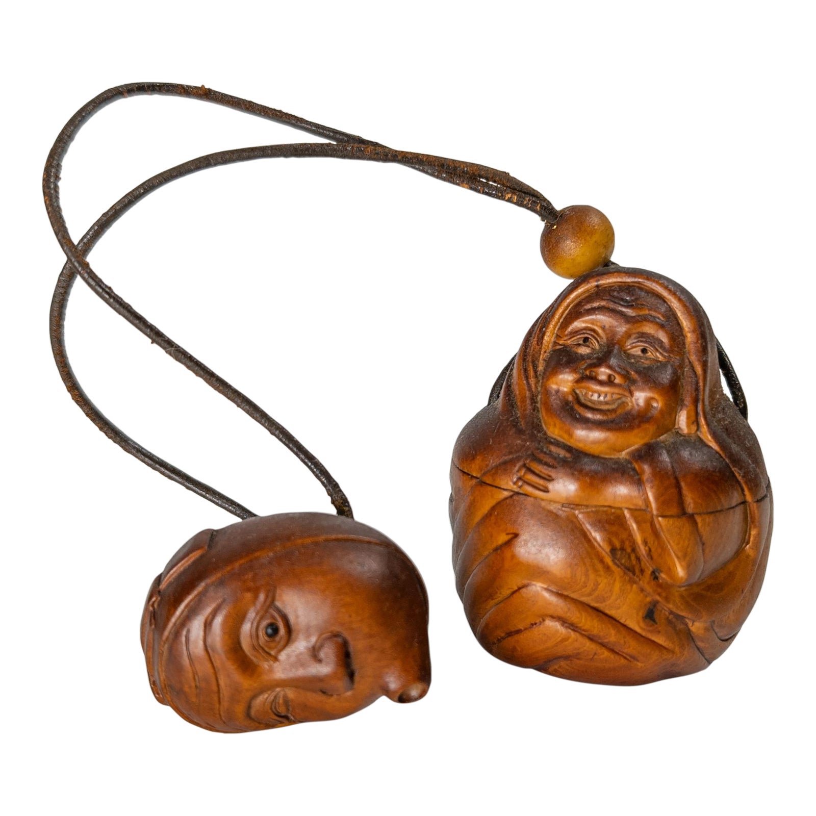20th Century Japanese Carved Boxwood Inro and Netsuke With Faces | Chairish