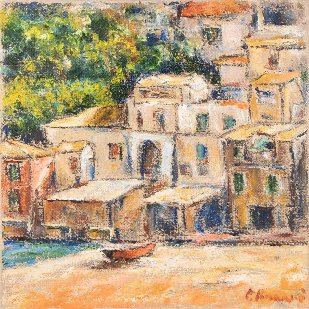 Pino Romanò, Red Boat in Scilla, Oil Painting, 1990s | Chairish