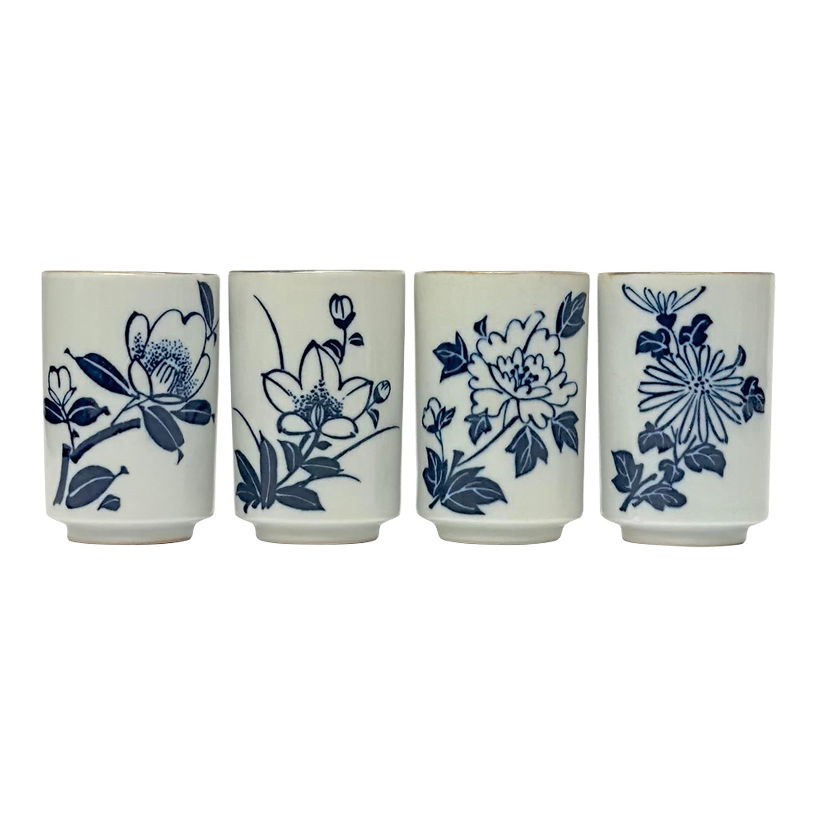 Ceramic Saké Cups With Blue Floral Motif by Asuko Japan - Set of 4 ...